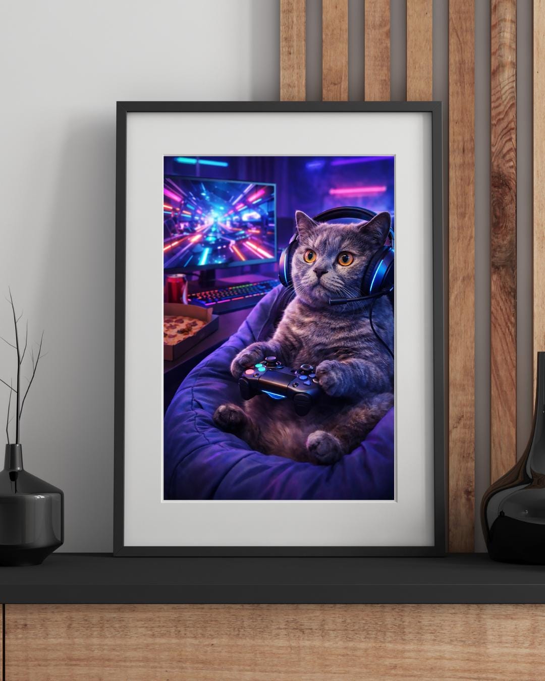 British Shorthair Cat Cat Gamer Wall Art | Cute Gaming Cat Print | Neon ...