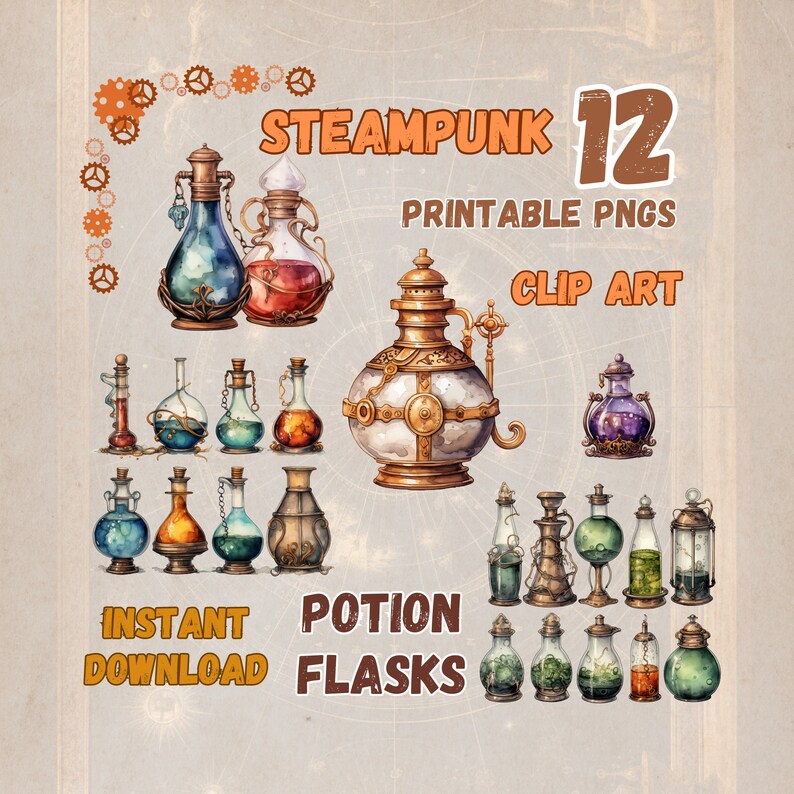Steampunk Clip Art Potion Flasks 12 Printable Pngs Scrapbooks ...