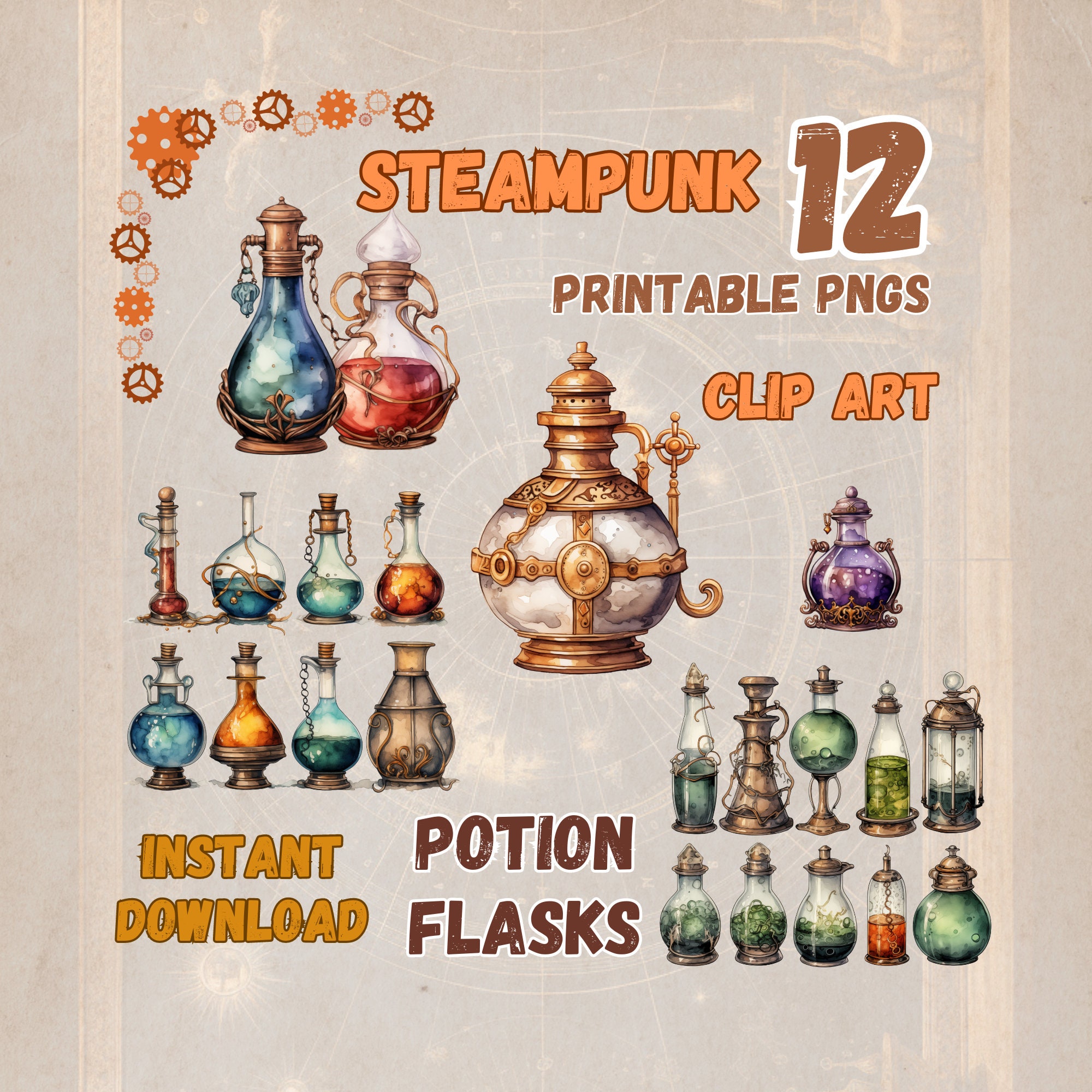 Steampunk Clip Art Potion Flasks 12 Printable Pngs Scrapbooks ...