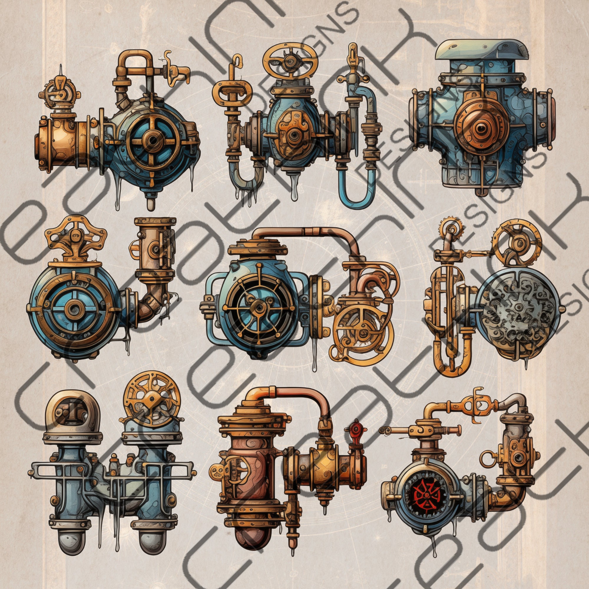 Steampunk Clip Art Gears Valves Pipes 12 Printable Pngs Regular and ...