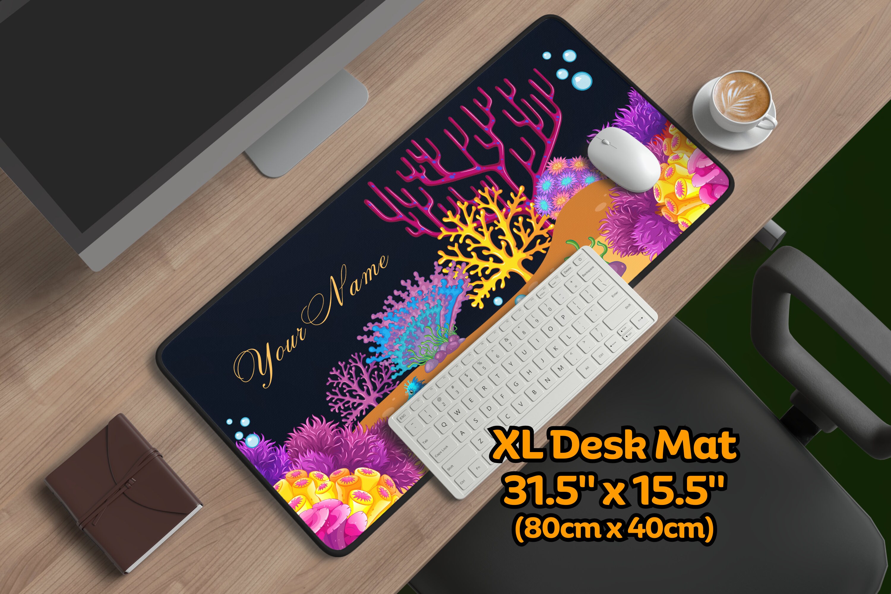 Personalized Vibrant Undersea Desk Mat, Aquatic Ocean Reef Depths Mouse ...