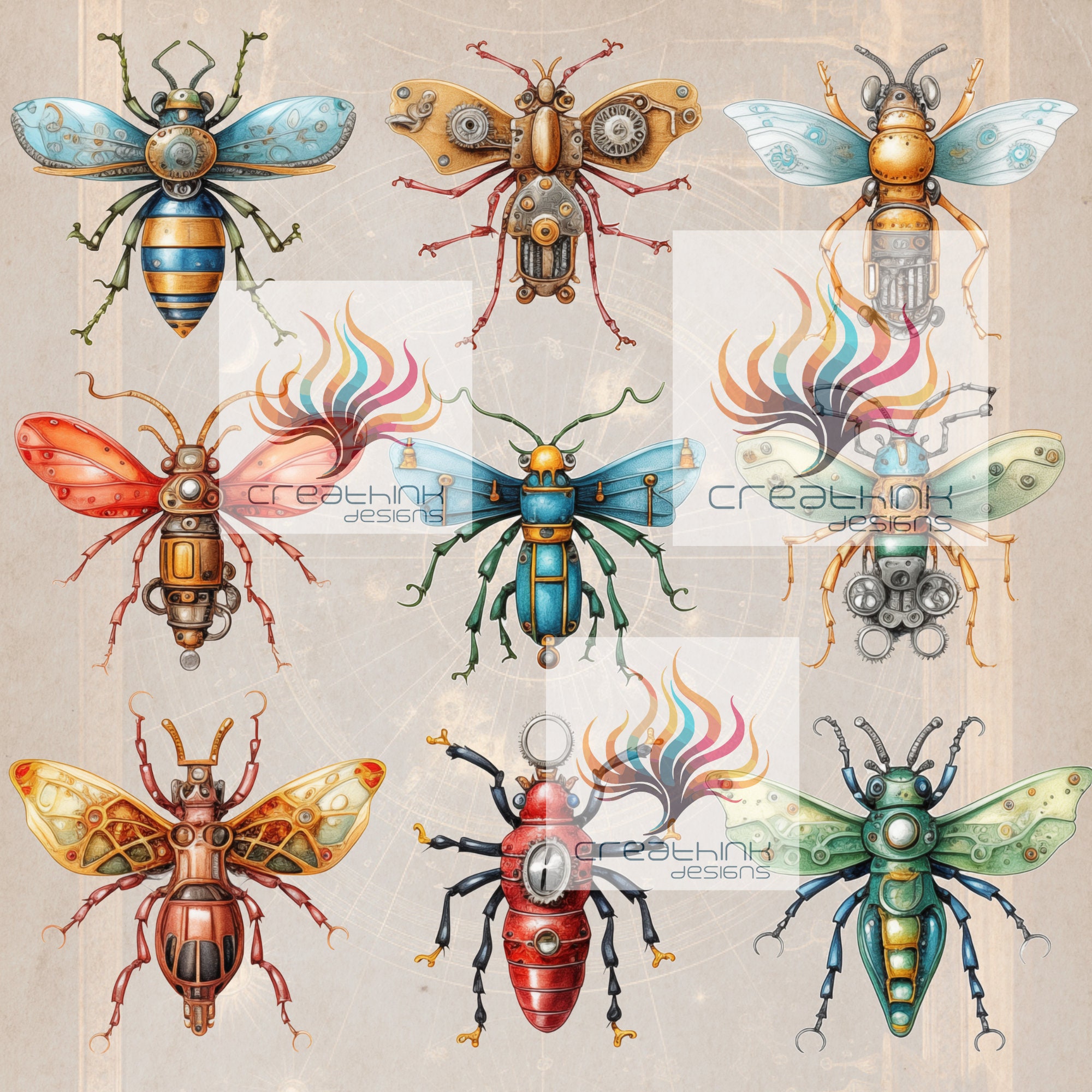 Steampunk Clip Art Insects 12 Printable Pngs Scrapbooks, Invitations ...