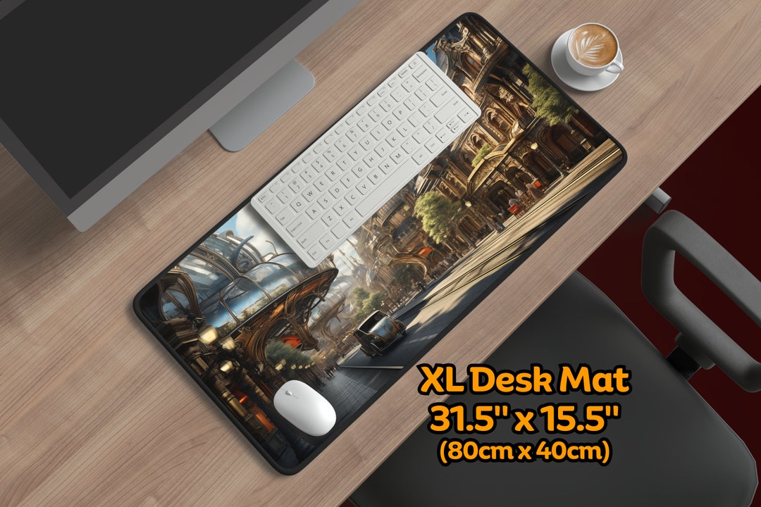 10 Steampunk Futuristic Streets Desk Mat, Fantasy Steam Power Vehicles ...