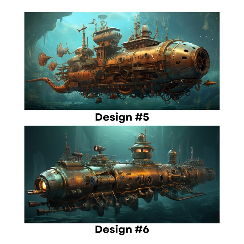10 Steampunk Submarine Vehicles Desk Mat, Fantasy Steam Power ...