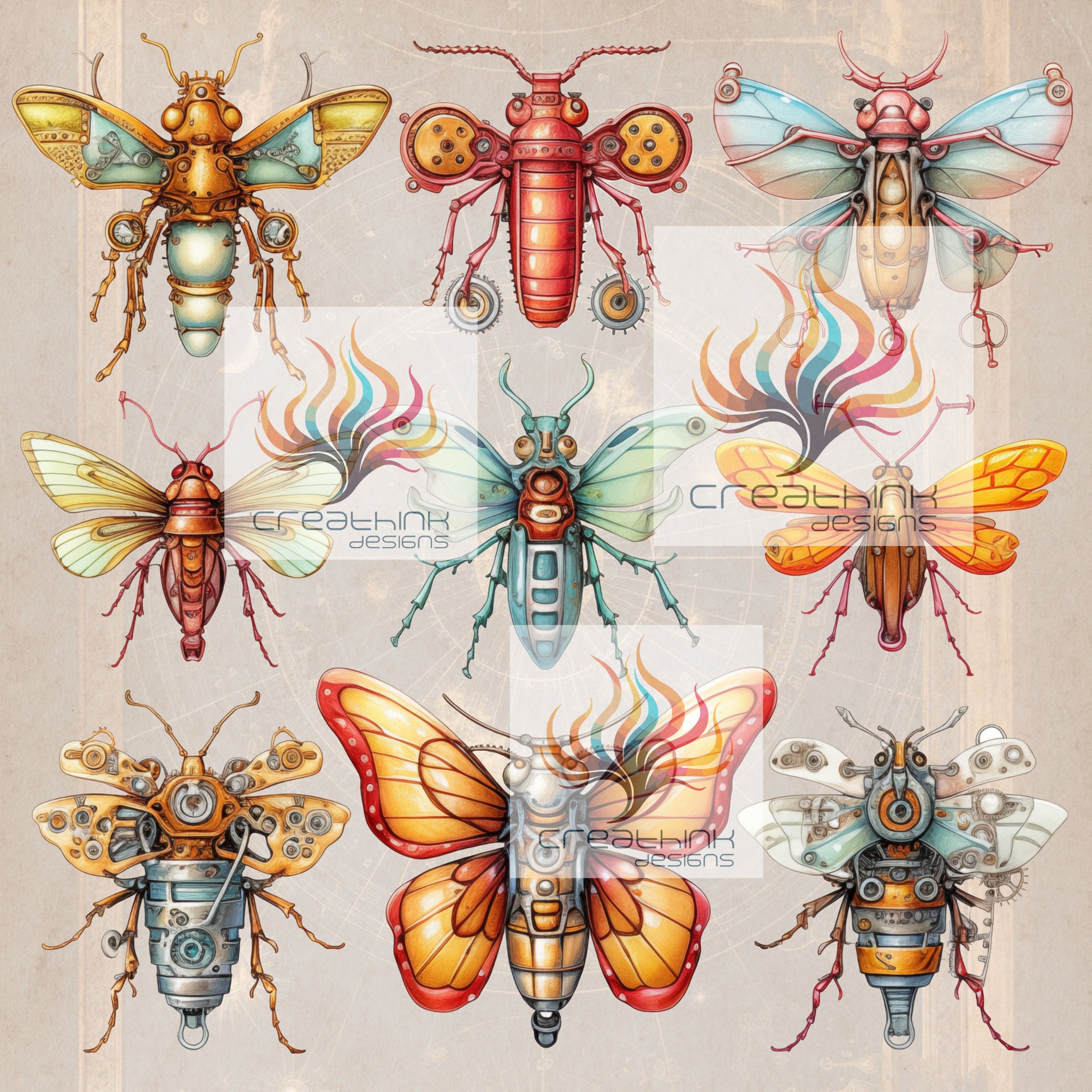 Steampunk Clip Art Insects 12 Printable Pngs Scrapbooks, Invitations ...