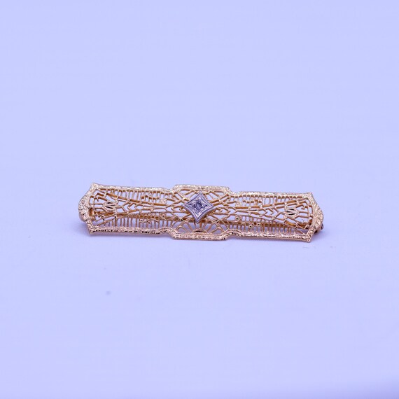 Antique Art Deco 14K Gold Diamond Filigree Bar Pin Br… - Gem