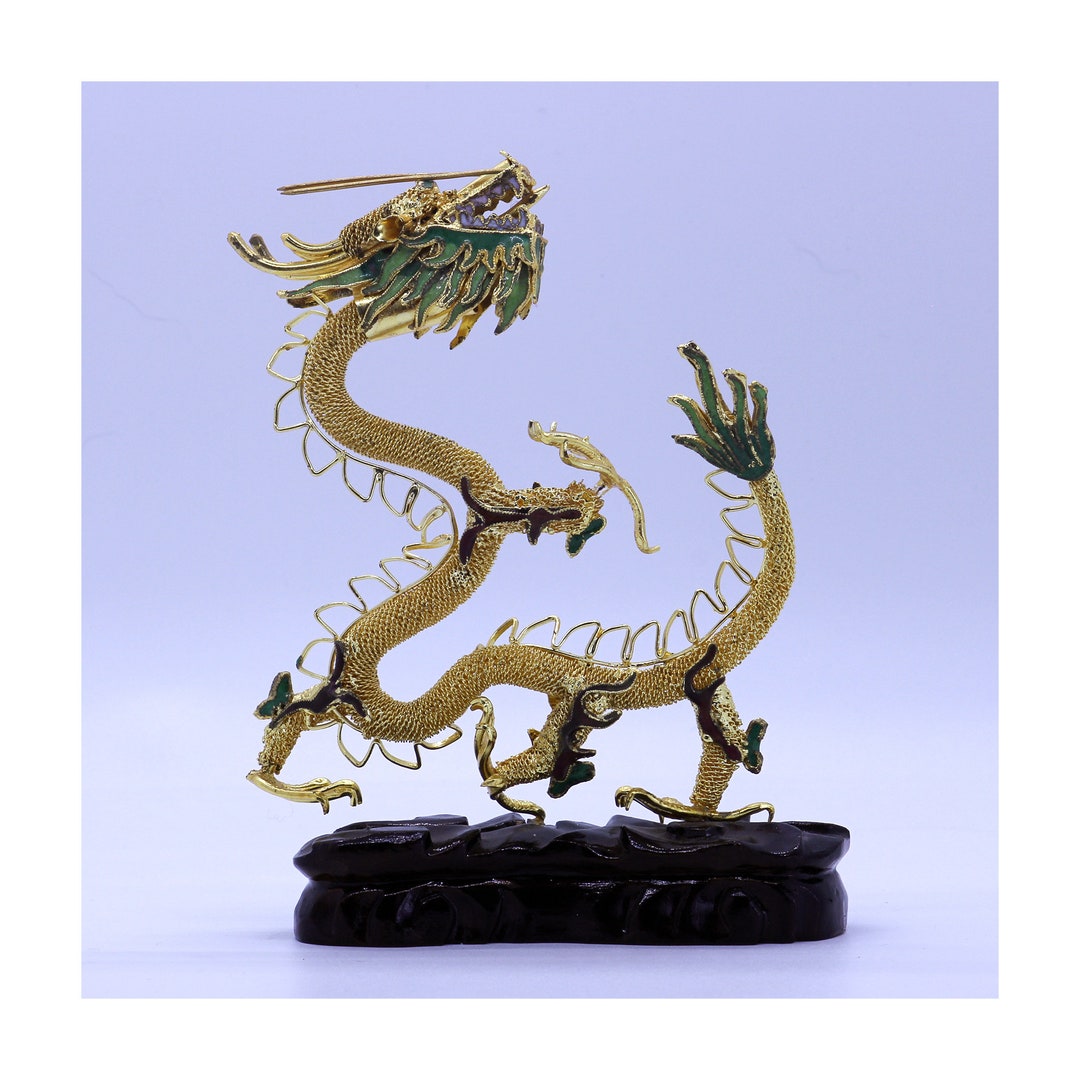 Vintage Chinese Gilt Enamel Filigree Qiulong Dragon on Carved Wood ...