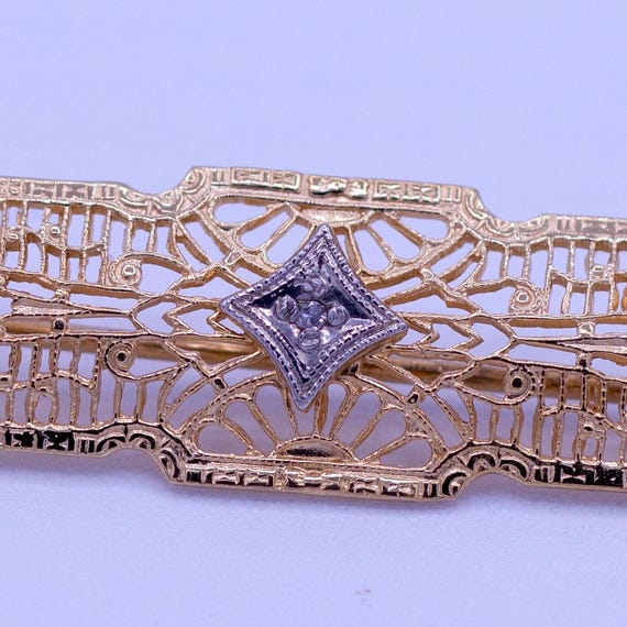 Antique Art Deco 14K Gold Diamond Filigree Bar Pin Br… - Gem