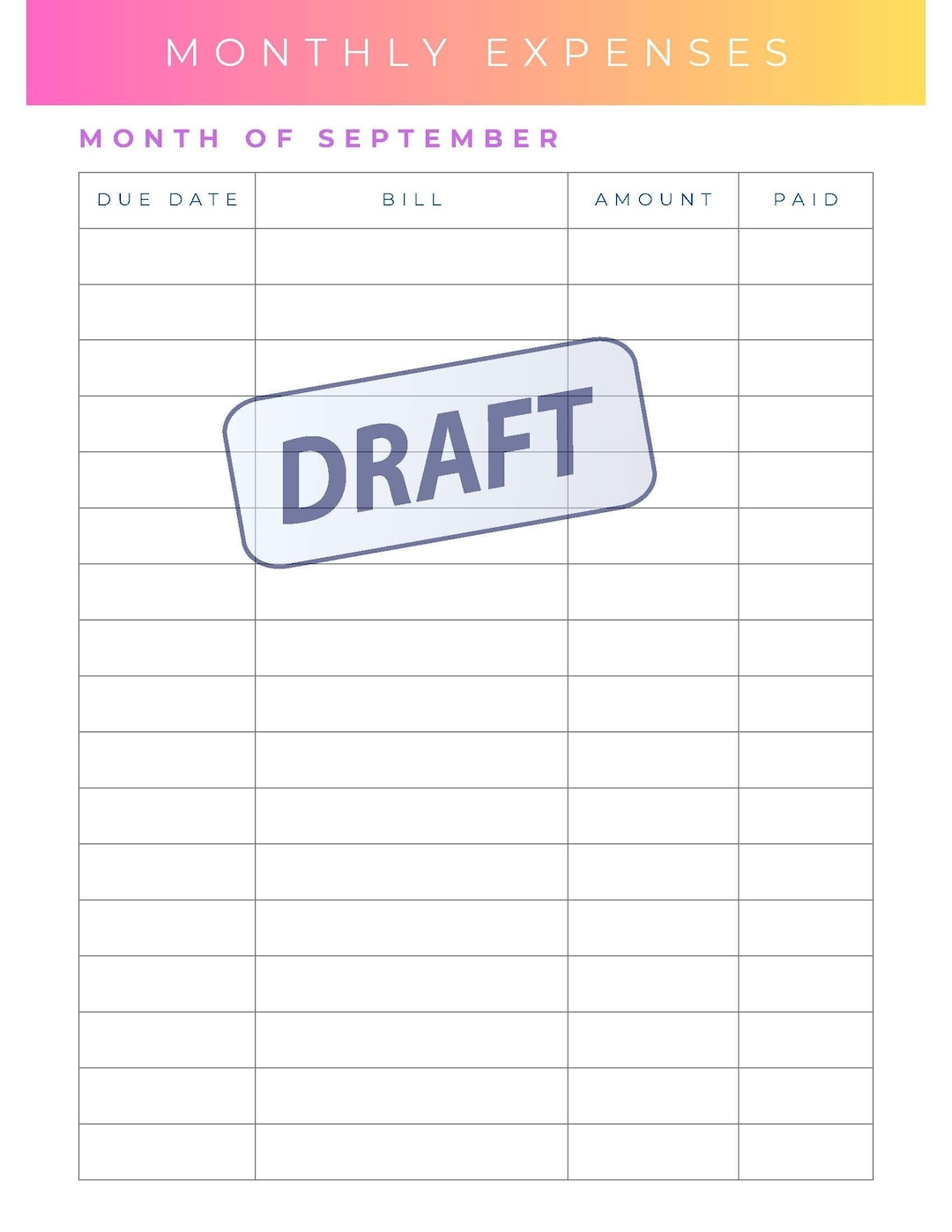 Digital Bright and Fun Monthly Expense Sheets - Etsy