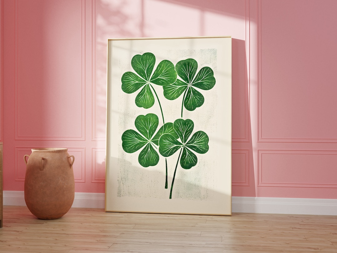 Lucky Clover Art Print, Retro Wall Art, Four Leaf Clover Artwork, Good ...