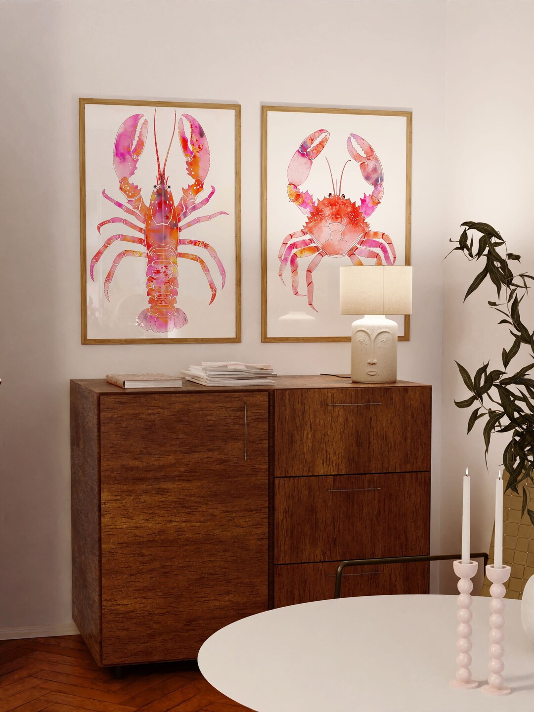 Set of 2 Pink Lobster and Crab Posters, Beachy Room Decor, Preppy Dorm ...