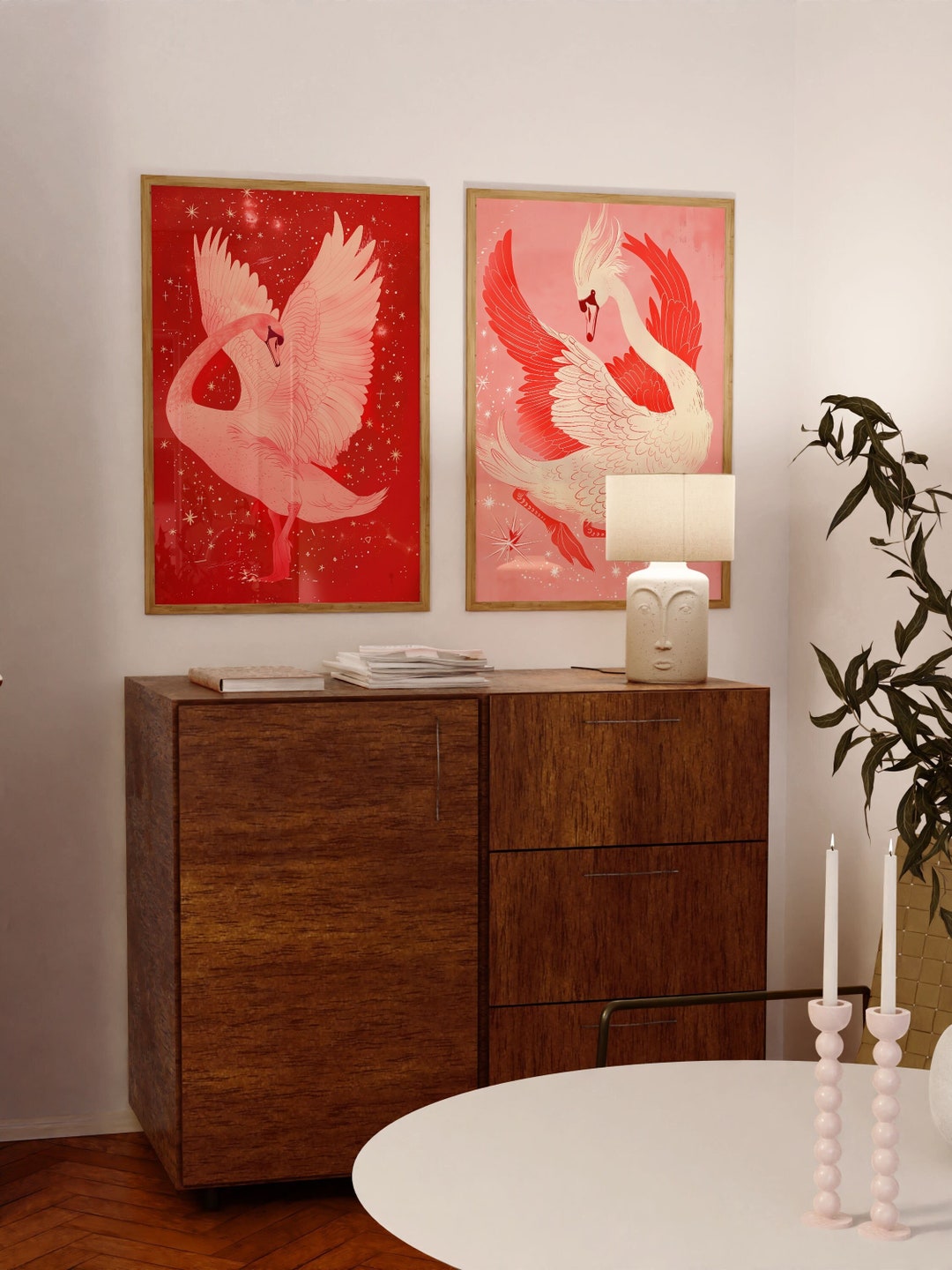 Red Pink Swan Posters, Two Piece Wall Art Set, Boho Stars Print ...