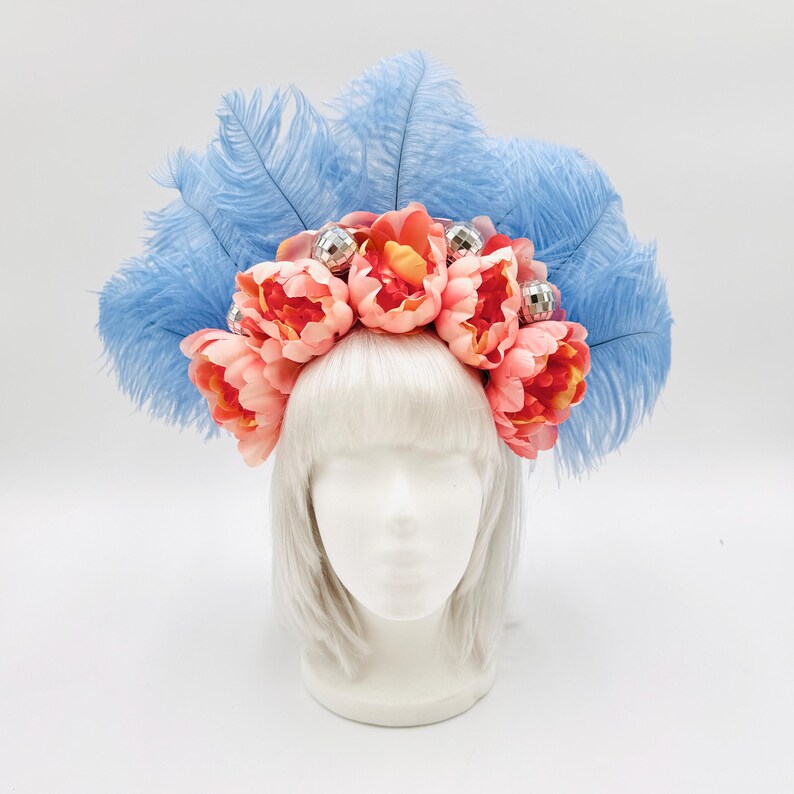 Coral Flower & Blue Feather Disco Festival Headdress - Mardi Gras ...