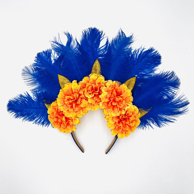 Royal Blue Feathers, Yellow Orange Flowers, and Gold Glitter Headdress ...