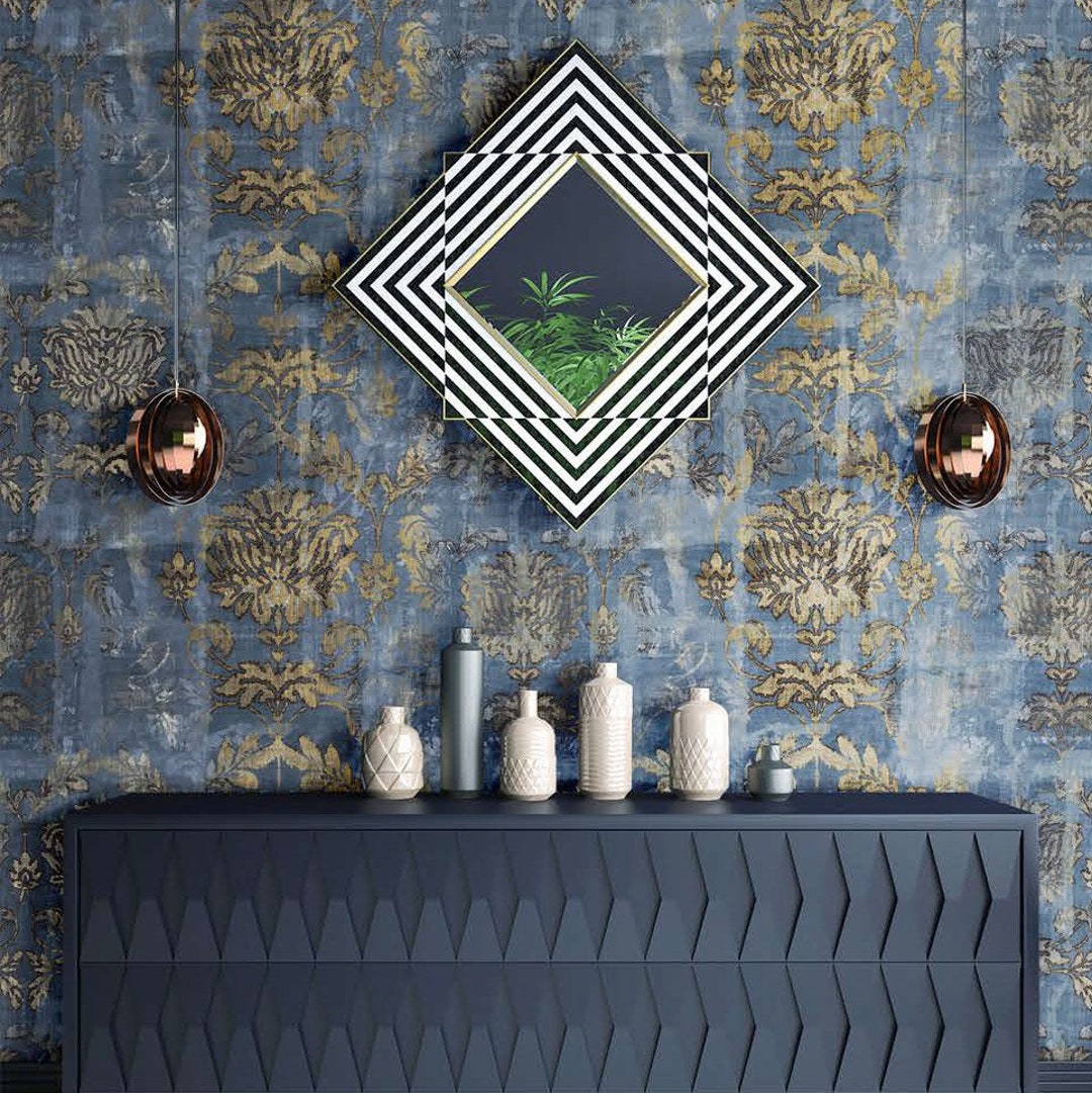 Blue Vintage Rustic Look Damask Wallpaper 3D Textured Vinyl ...