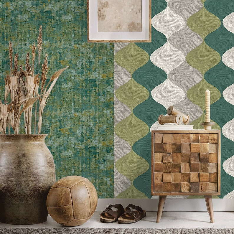 Moroccan Inspired Geometric Wallpaper Green and Gray 3D Textured ...