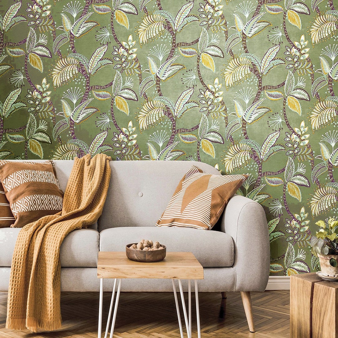 Jacobean Wallpaper Tropical Botanical 3D Textured Wallpaper Green - Etsy