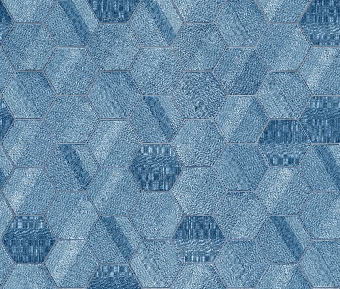 Blue Hexagon Pattern Thick Faux Grasscloth Texture Metallic Wallpaper ...