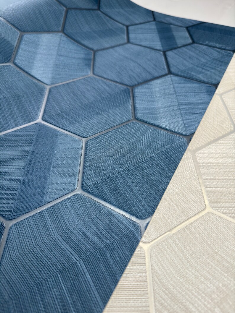 Blue Hexagon Pattern Thick Faux Grasscloth Texture Metallic Wallpaper ...