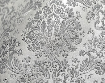 Luxury Damask Light Silver Wallpaper, 3D Textured Victorian Wallpaper ...