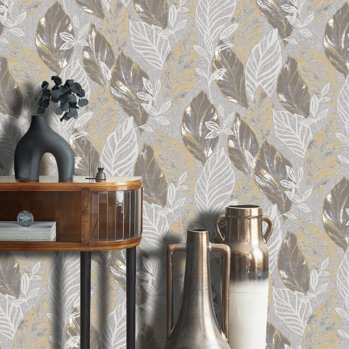 Art Deco Modern Rustic Boho Wallpaper Brown and Gold Dancing Leaves ...