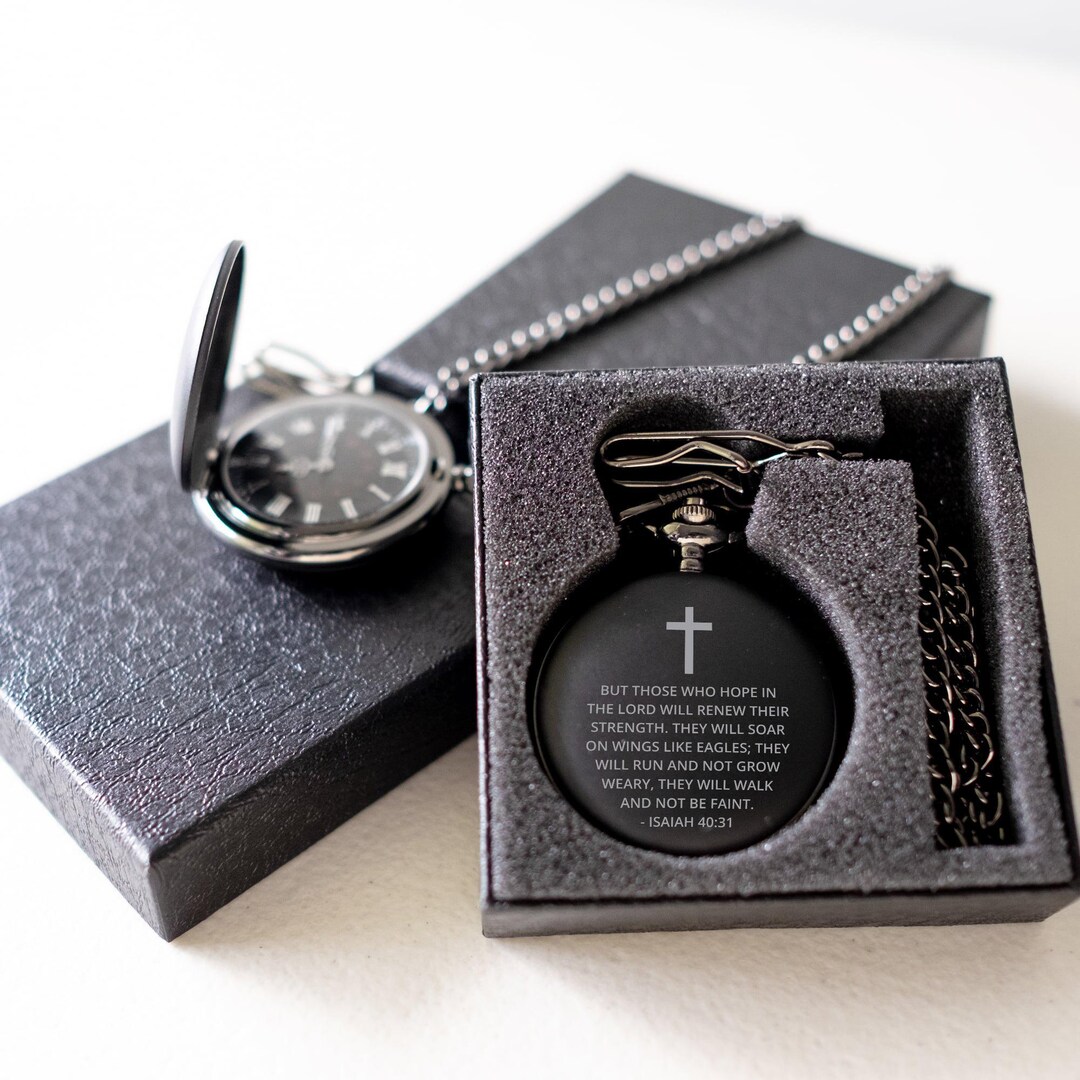 Personalized Bible Verse Pocket Watch Black Engraved Custom Scripture ...