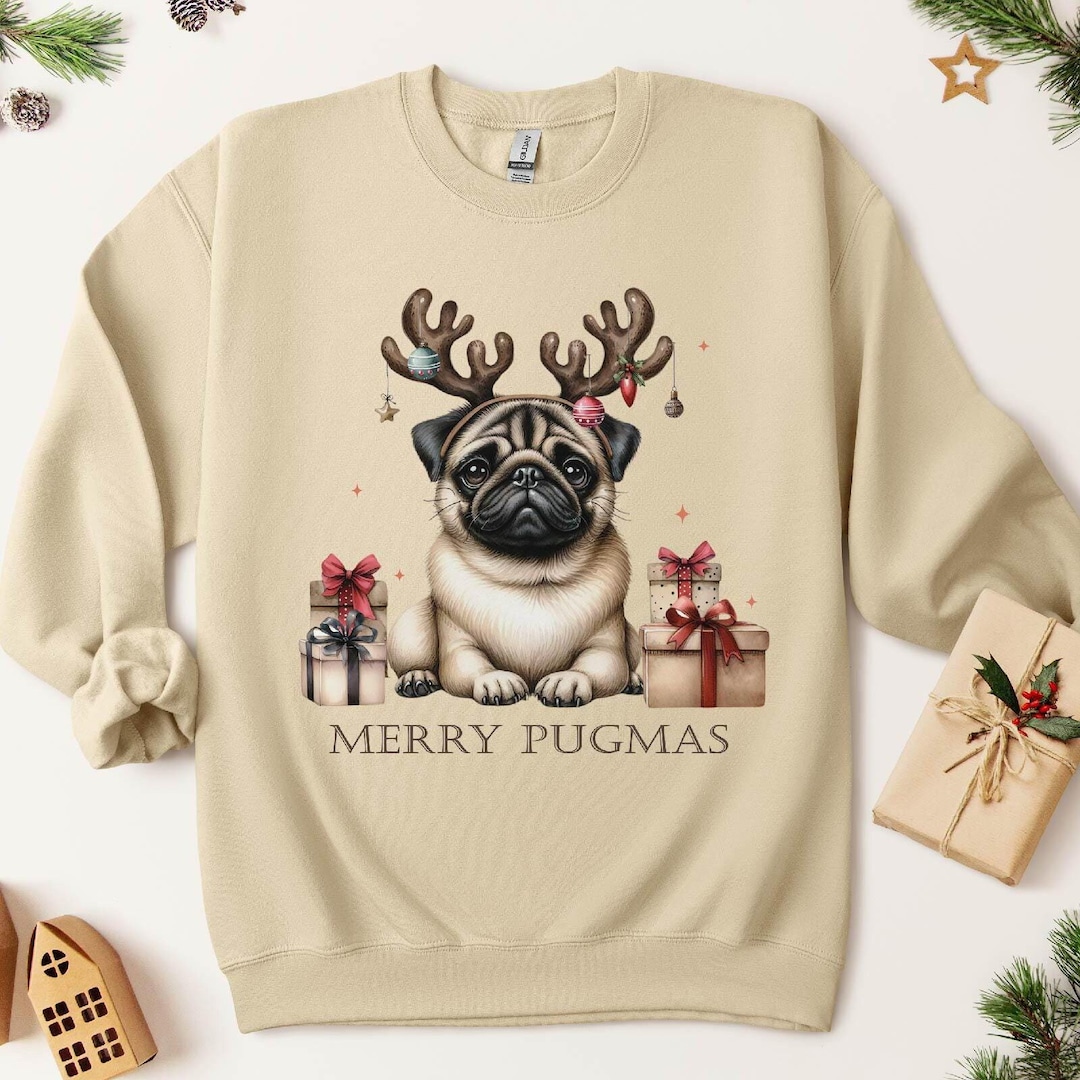 Merry Pugmas Sweatshirt, Cute Christmas Pug Sweater With Santa Hat ...
