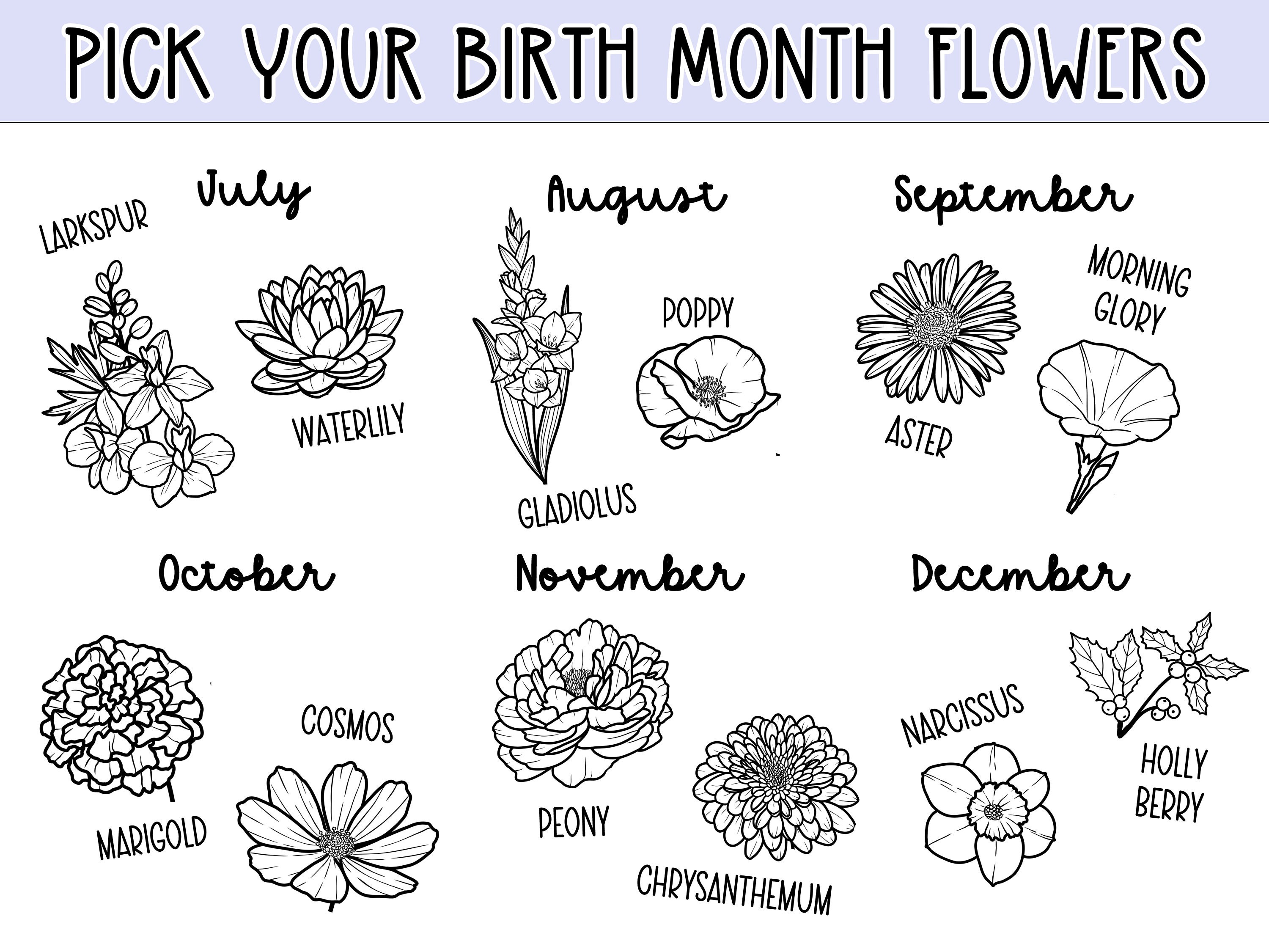 Custom 2 Names Birth Month Flowers Line Art Tattoo Design Personalized ...