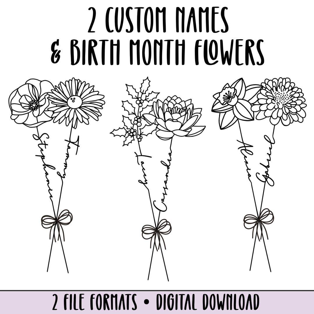 Custom 2 Names Birth Month Flower Bouquet Tattoo Art Design ...