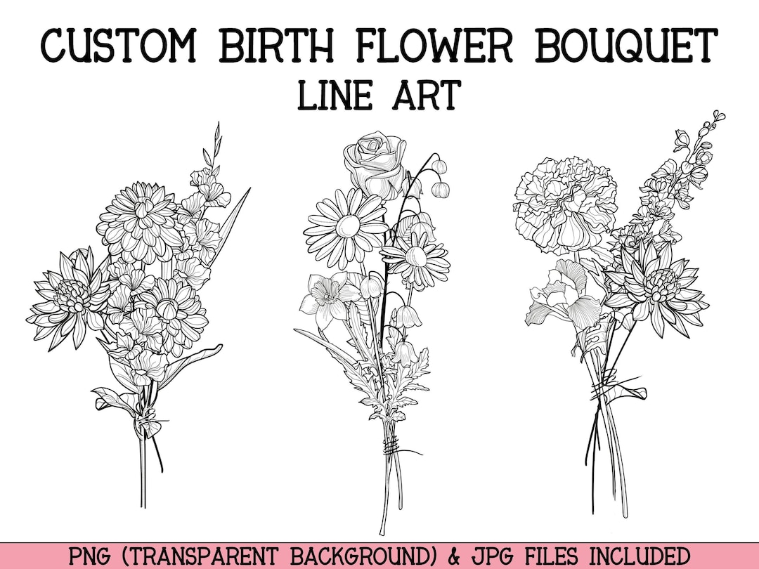 Custom Birth Month Flower Bouquet Line Art Tattoo Design | Personalized ...