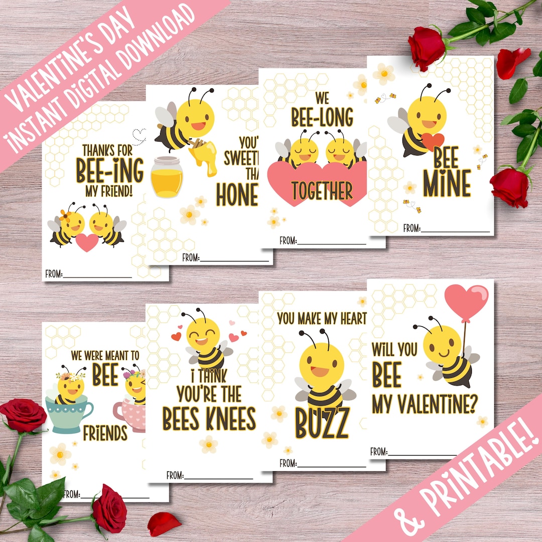 Printable Bee Valentines Day Cards for Kids Cute Classroom Valentine ...