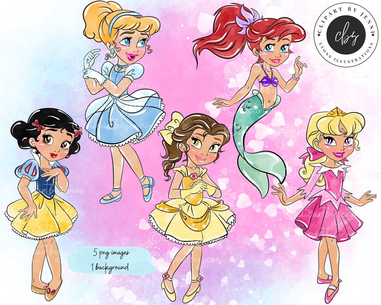 Set of 5 Princesses Watercolour Clipart / Belle Cinderella Clipart ...