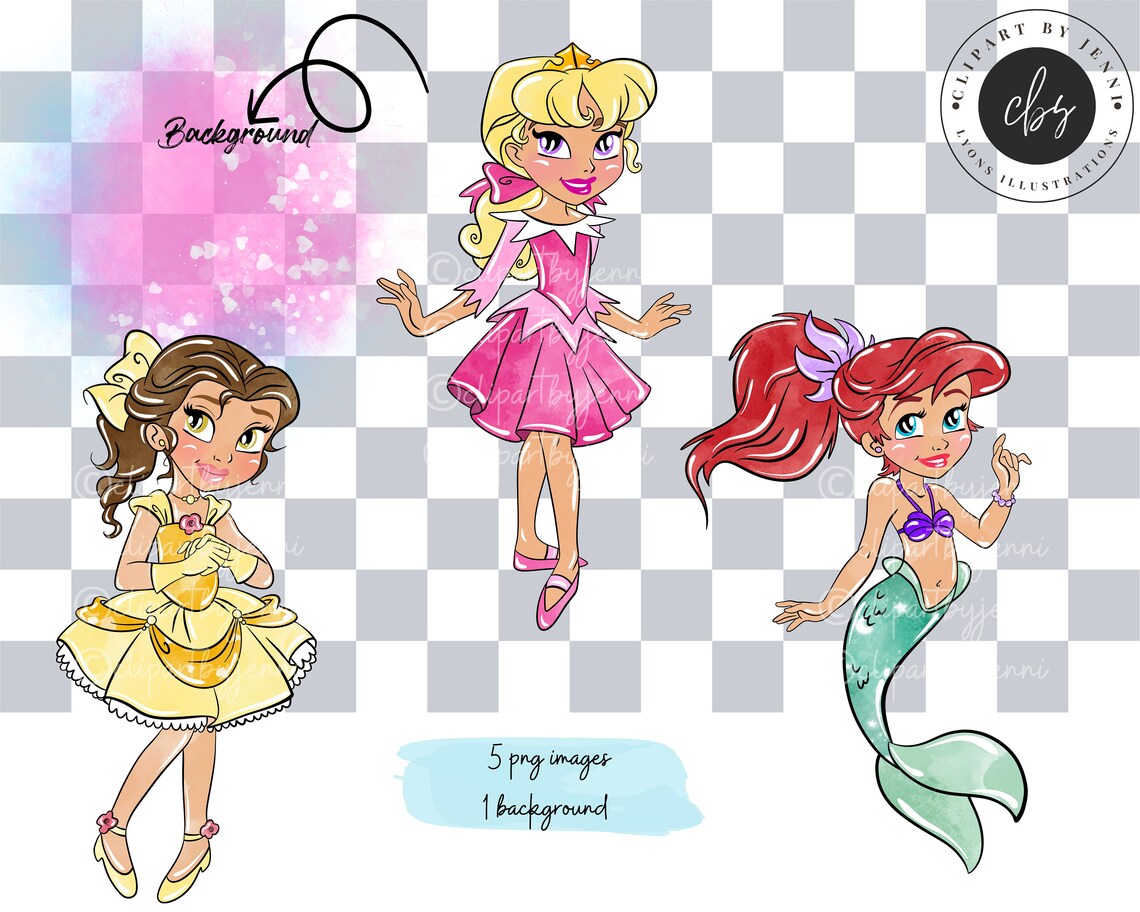 Set of 5 Princesses Watercolour Clipart / Belle Cinderella Clipart ...