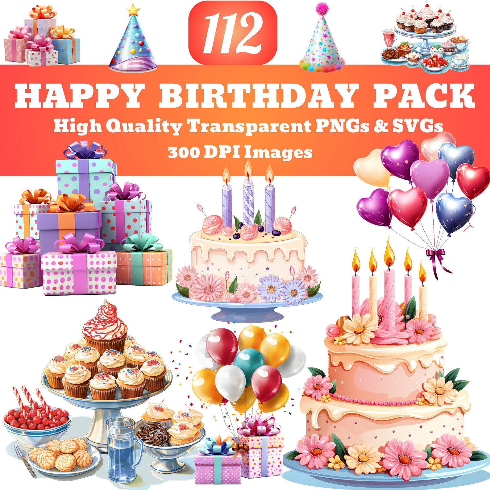 Happy Birthday PNG SVG Clipart Bundle, Birthday Clipart, Wedding ...
