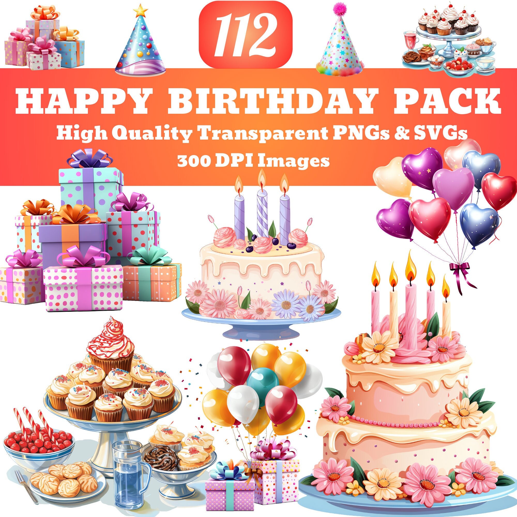 Happy Birthday PNG SVG Clipart Bundle, Birthday Clipart, Wedding ...