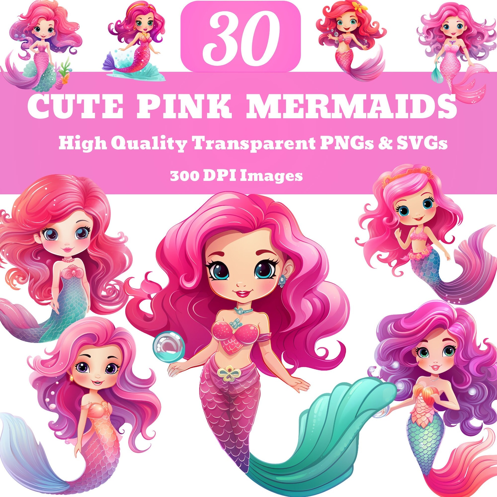 Cute Pink Mermaid PNG SVG Clipart Bundle, Mermaid Clip Art Set, Mermaid ...