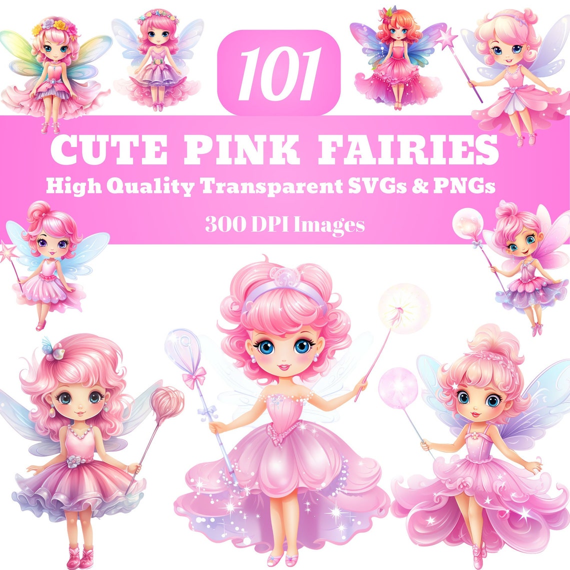 Cute Pink Fairies Clipart SVG PNG Bundle, Fairytale Bundle PNG, Fairy Garden Clipart, Fairy ...
