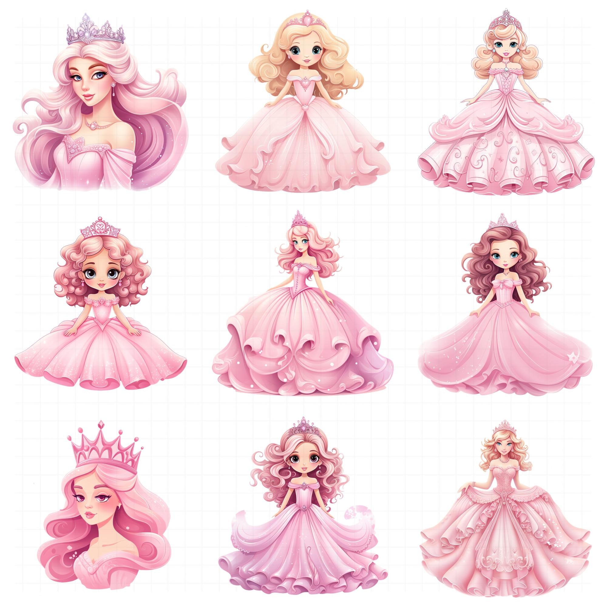 Beautiful Pink Princess PNG SVG Clipart Bundle, Princess Graphics ...