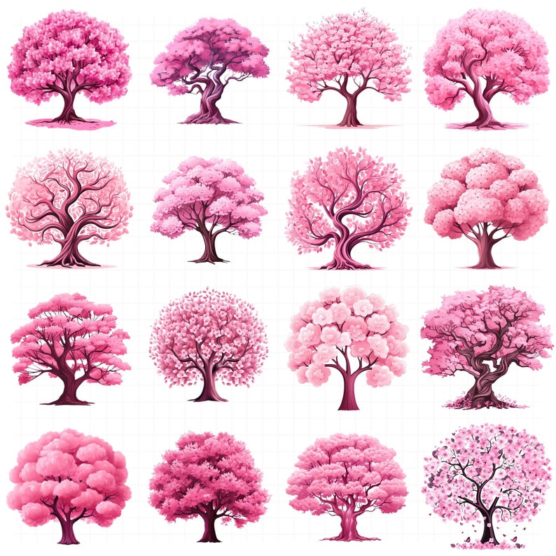Cute Pink Trees PNG SVG Clipart Bundle, Watercolor Clipart, Digital ...