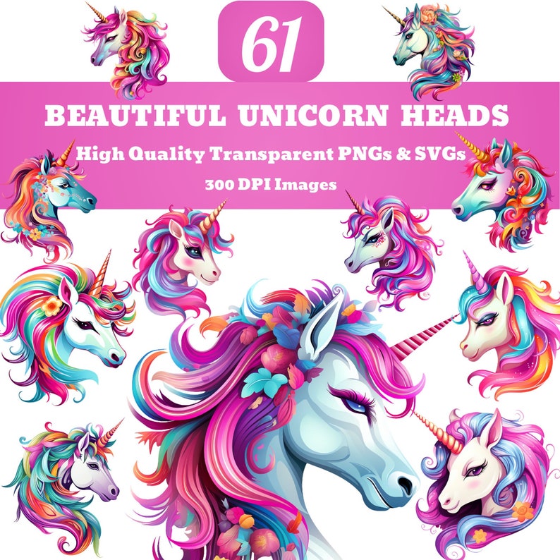 Beautiful Unicorn Head PNG SVG Clipart Bundle, Unicorn Svg, Unicorn ...