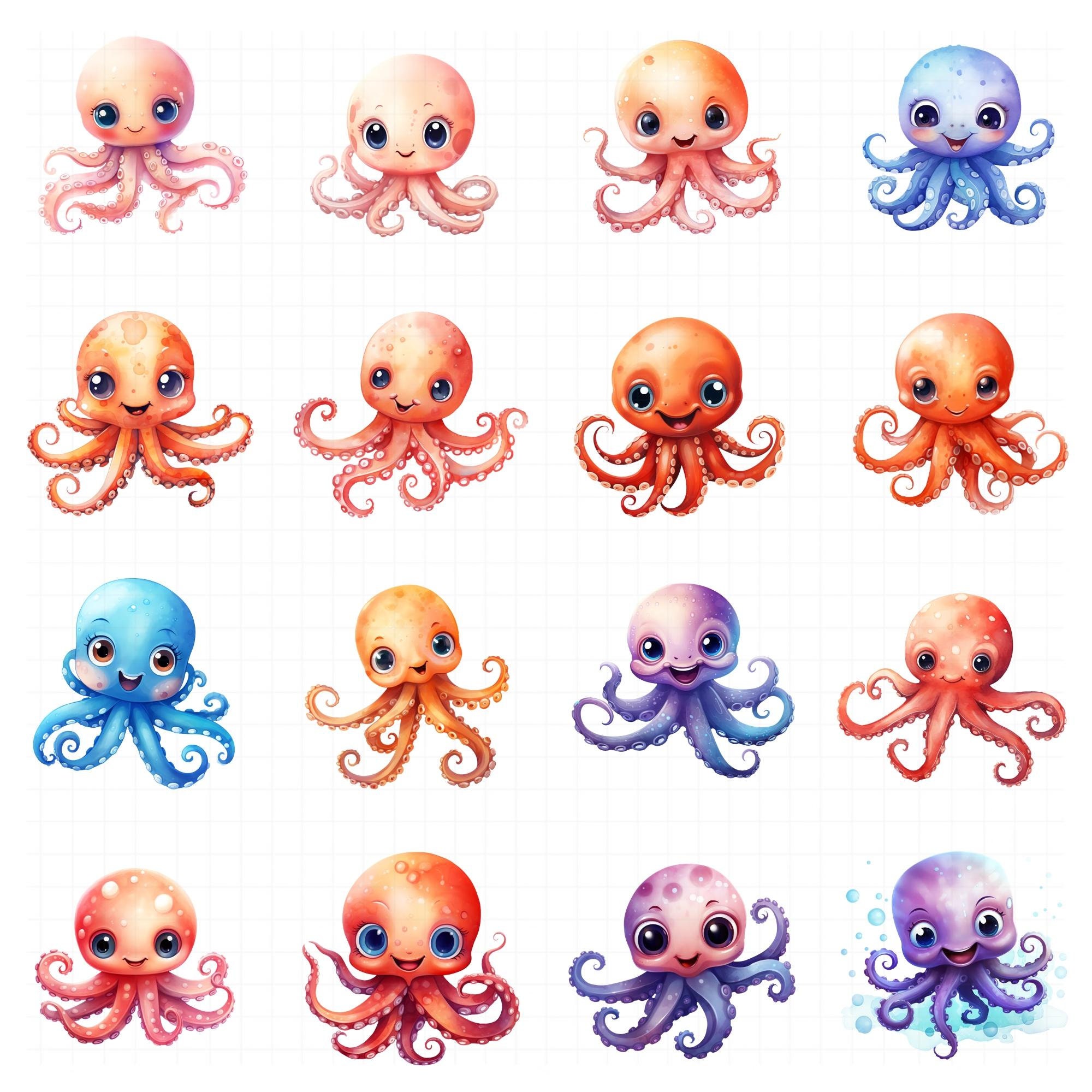 Cute Watercolor Baby Octopus SVG PNG Clipart, Ocean Life Clipart, Ocean ...