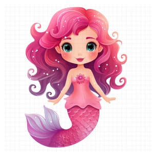 Cute Pink Mermaid PNG SVG Clipart Bundle, Mermaid Clip Art Set, Mermaid ...