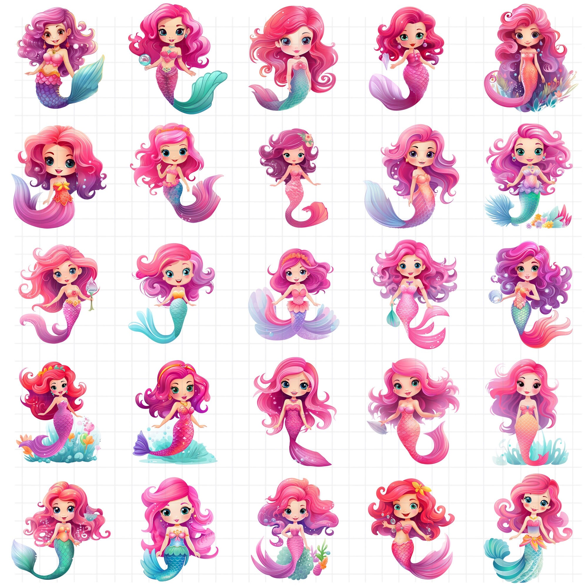 Cute Pink Mermaid PNG SVG Clipart Bundle, Mermaid Clip Art Set, Mermaid ...