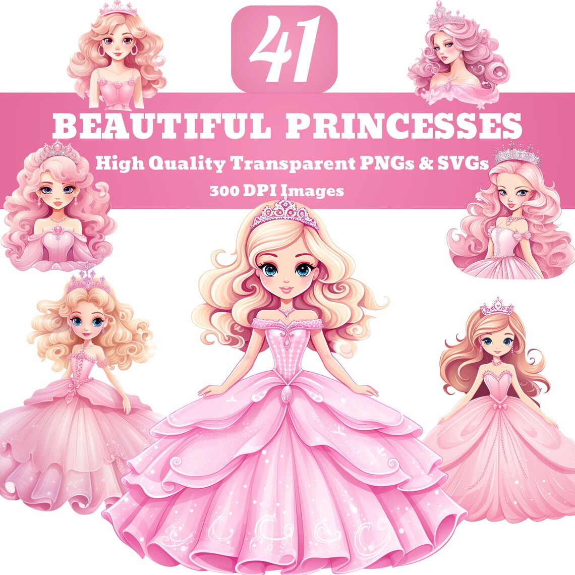 Beautiful Pink Princess PNG SVG Clipart Bundle, Princess Graphics ...