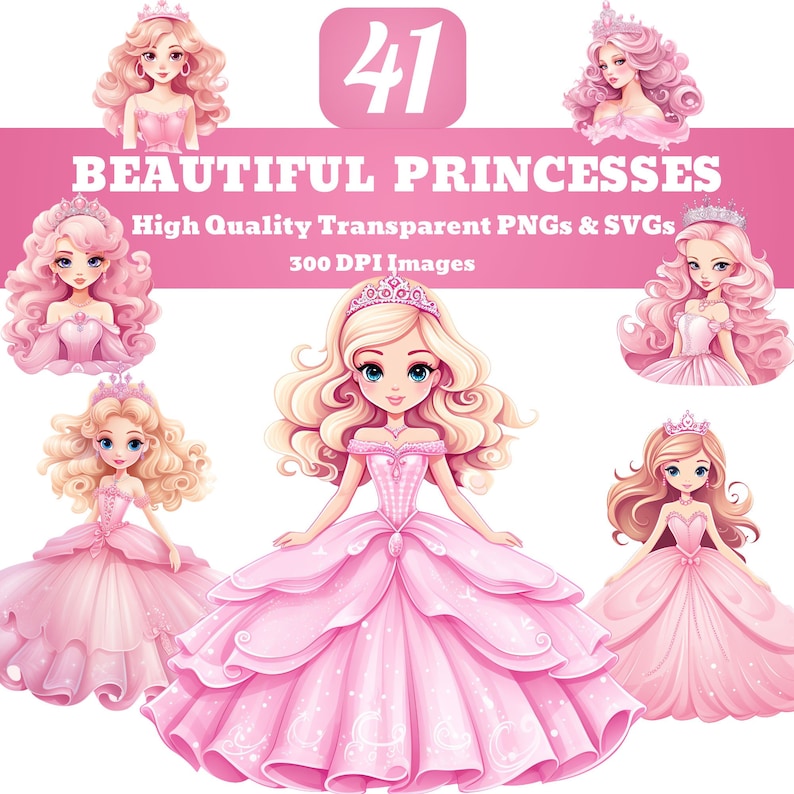 Beautiful Pink Princess PNG SVG Clipart Bundle, Princess Graphics ...