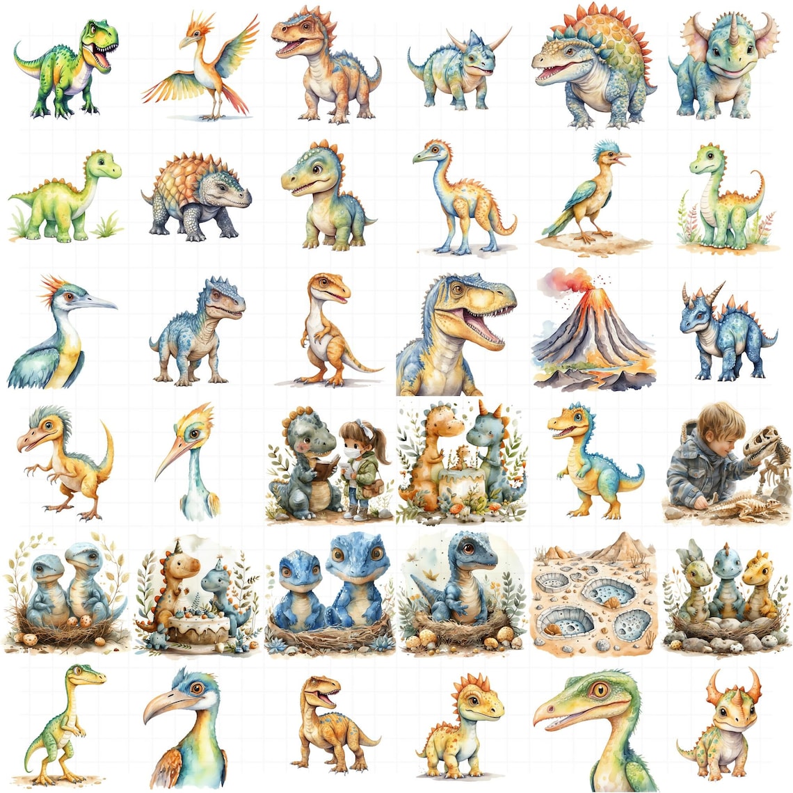 Watercolor Dinosaur Clipart Bundle, Cute Dino PNG Set - Etsy