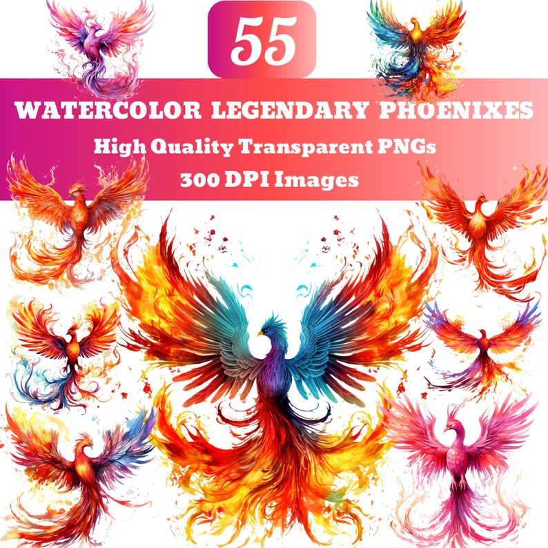 Aquarell legendärer Phoenix PNG Clipart-Bundle, Phoenix Clipart ...