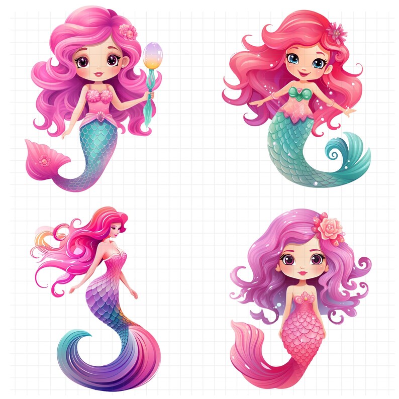 Cute Pink Mermaid PNG SVG Clipart Bundle, Mermaid Clip Art Set, Mermaid ...