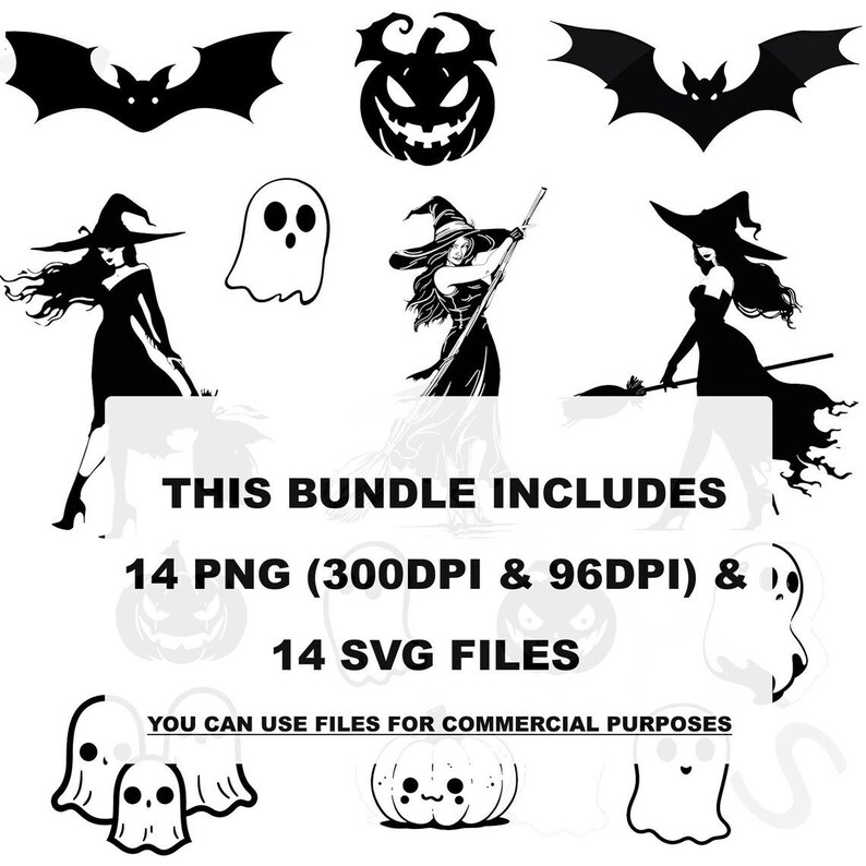 Halloween SVG Bundle: Witch, Ghost, Pumpkin & Bat Designs (PNG, SVG) - Etsy