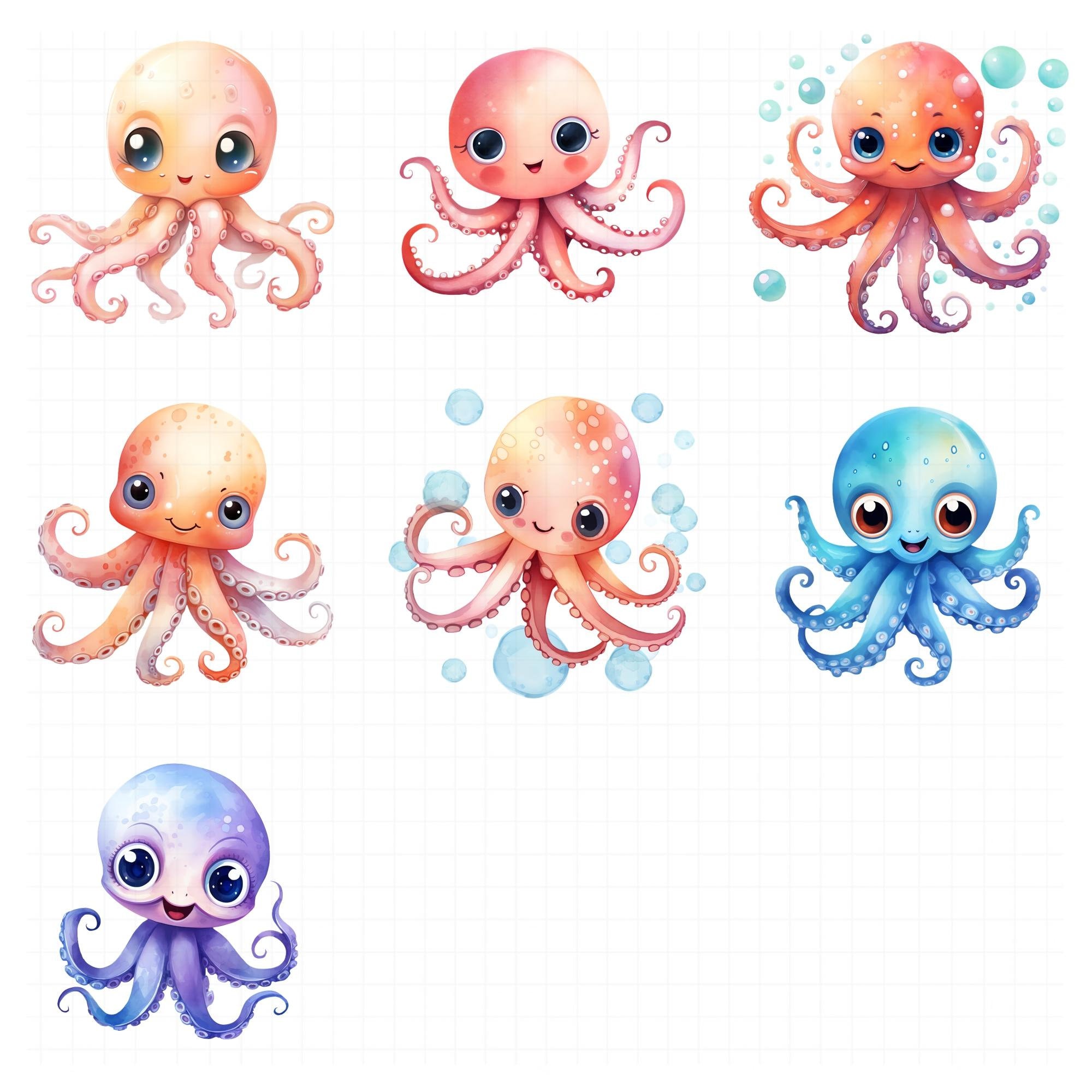 Cute Watercolor Baby Octopus SVG PNG Clipart, Ocean Life Clipart, Ocean ...